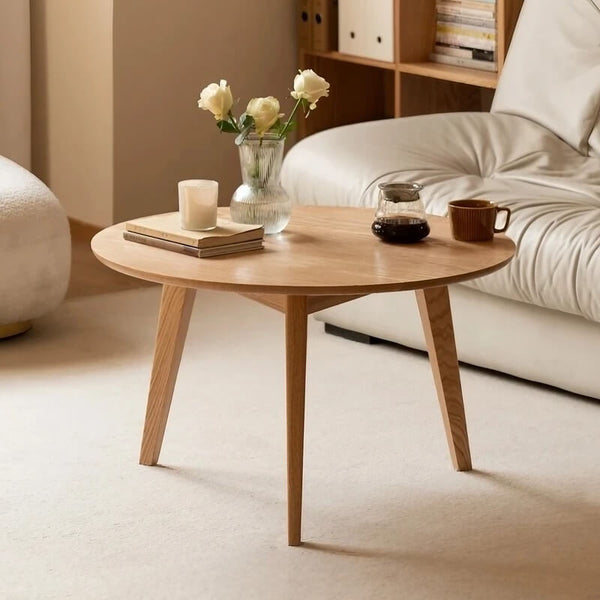 23.6″ Natural Wood Top Round Coffee Table - Japandi Minimalist Solid W ...