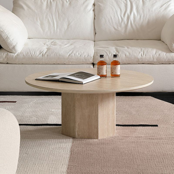 WEHOMZ Japandi Round Coffee Table - Beige Travertine & Sintered Stone