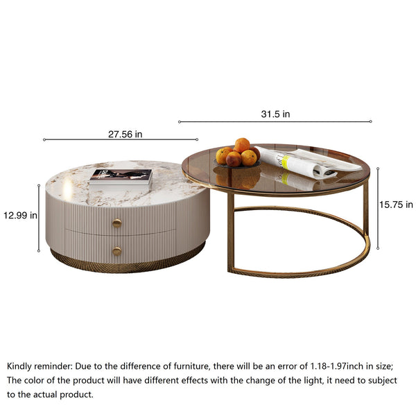 Modern Round Coffee Table Set with Sintered Stone Top, 2 Drawers & Gol ...