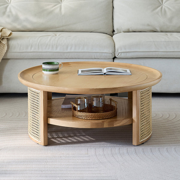 Solid Wood 2-Tiered Japandi Round Coffee Table with Rattan Base – WEHOMZ