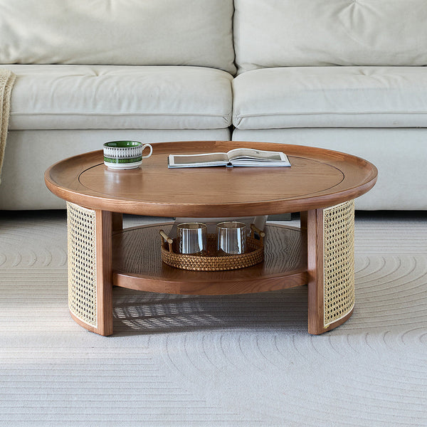 Solid Wood 2-Tiered Japandi Round Coffee Table with Rattan Base – WEHOMZ