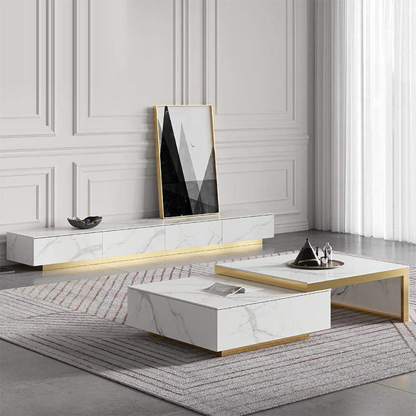 Italian White TV stand Minimalist Stone 4-Drawer Media Console in Large ...