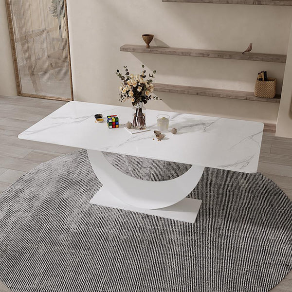 71" White Faux Marble Dining Table for 8 Crescent Base Sintered Stone ...
