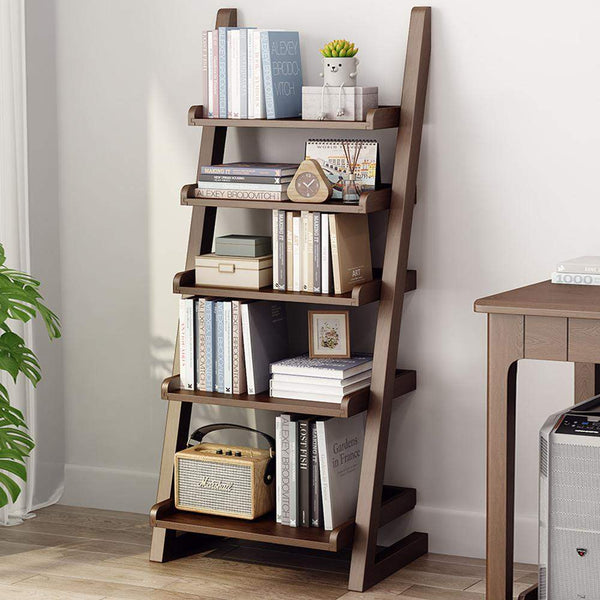 Modern Solid Wood 5-Tier Shelf Ladder Bookcase in Walnut-Wehomz