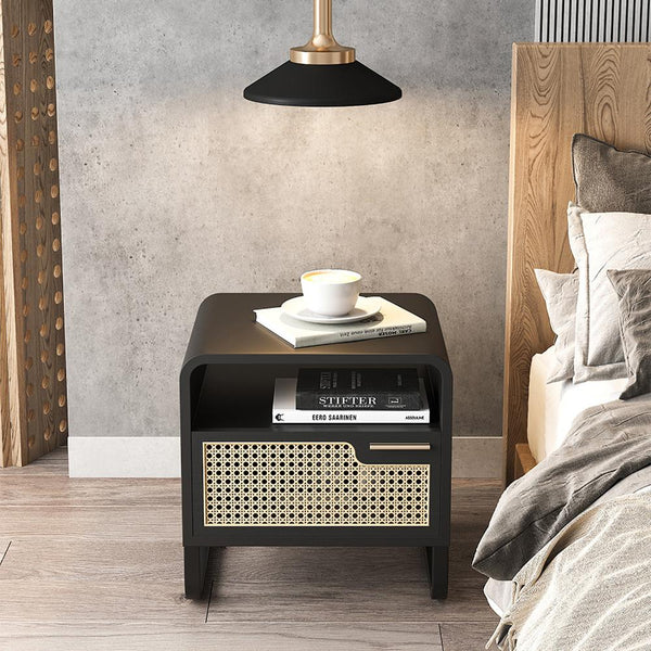 Minimalist Black Nightstand Rattan Woven Bedside Table with 1 Drawer ...