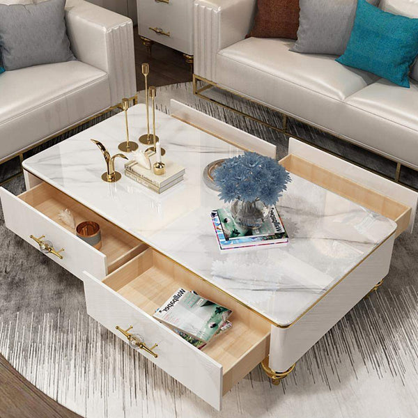51.2" Modern Marble Coffee Table & Storage Drawers Gold Stainless Stee ...