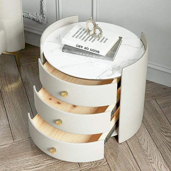 Modern Nightstand Solid Wood Nightstand Round Side Table Beige ...