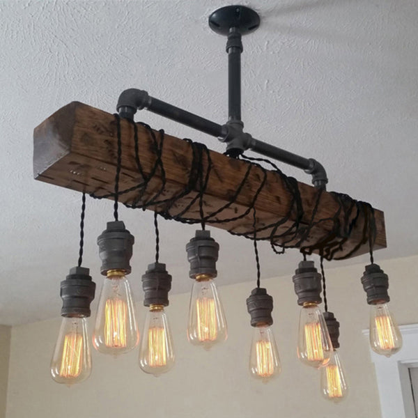 Industrial 8-Light Wood Beam Plumbing Pipe Hanging Bulbs Island Pendan ...