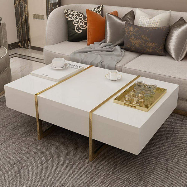 White Rectangular Coffee Table with Stainless Steel Base & Storage ...