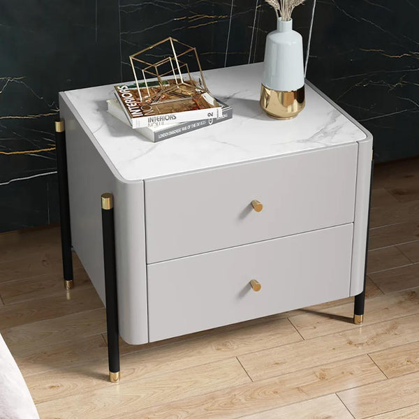 Modern Luxury Gray Nightstand 2-Drawer Bedside Table with Stone Top ...