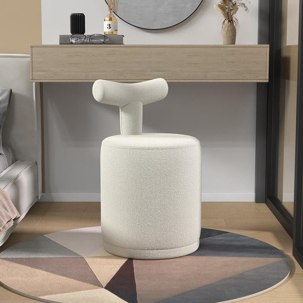 Modern White Boucle Vanity Stool with Round Seat & Back Bedroom Vanity ...