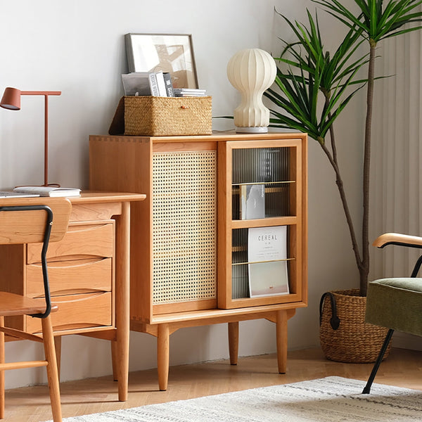 Nordic Natural Cabinet with 2 Glass Rattan Woven Doors & 2 Shelves in ...