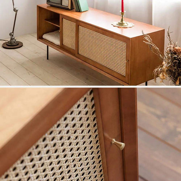 Cottage Natural 60 inch TV Stand with Rattan Woven Doors & Adjustable ...